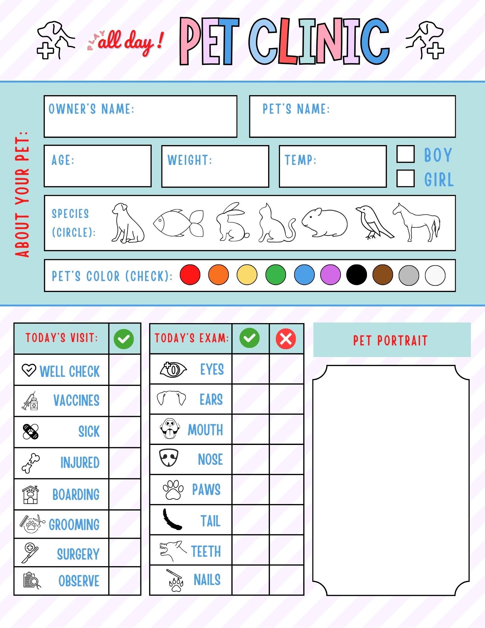 Pet Clinic / Veterinarian Pretend Play Notepad - 50 Pages per Notepad ...