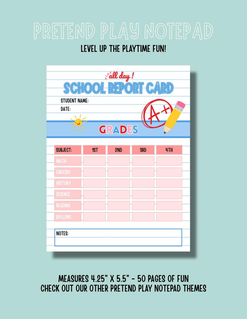 School Report Card Pretend Play Notepad - 50 Pages per Notepad - Etsy