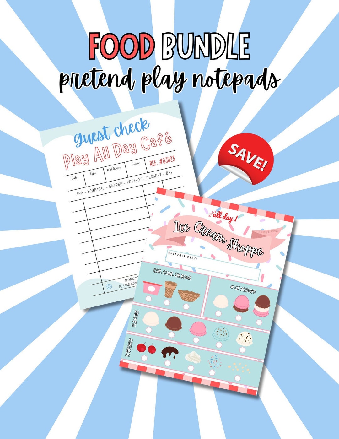 BUNDLE & SAVE - Restaurant Guest Check + Ice Cream Shoppe Pretend Play ...