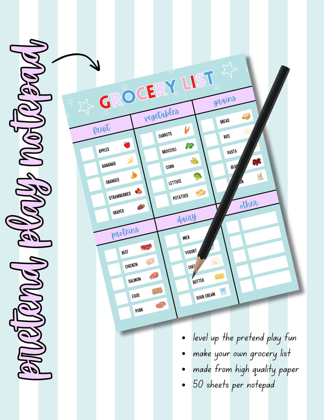 Grocery List Pretend Play Notepad 50 Pages per Notepad - Etsy