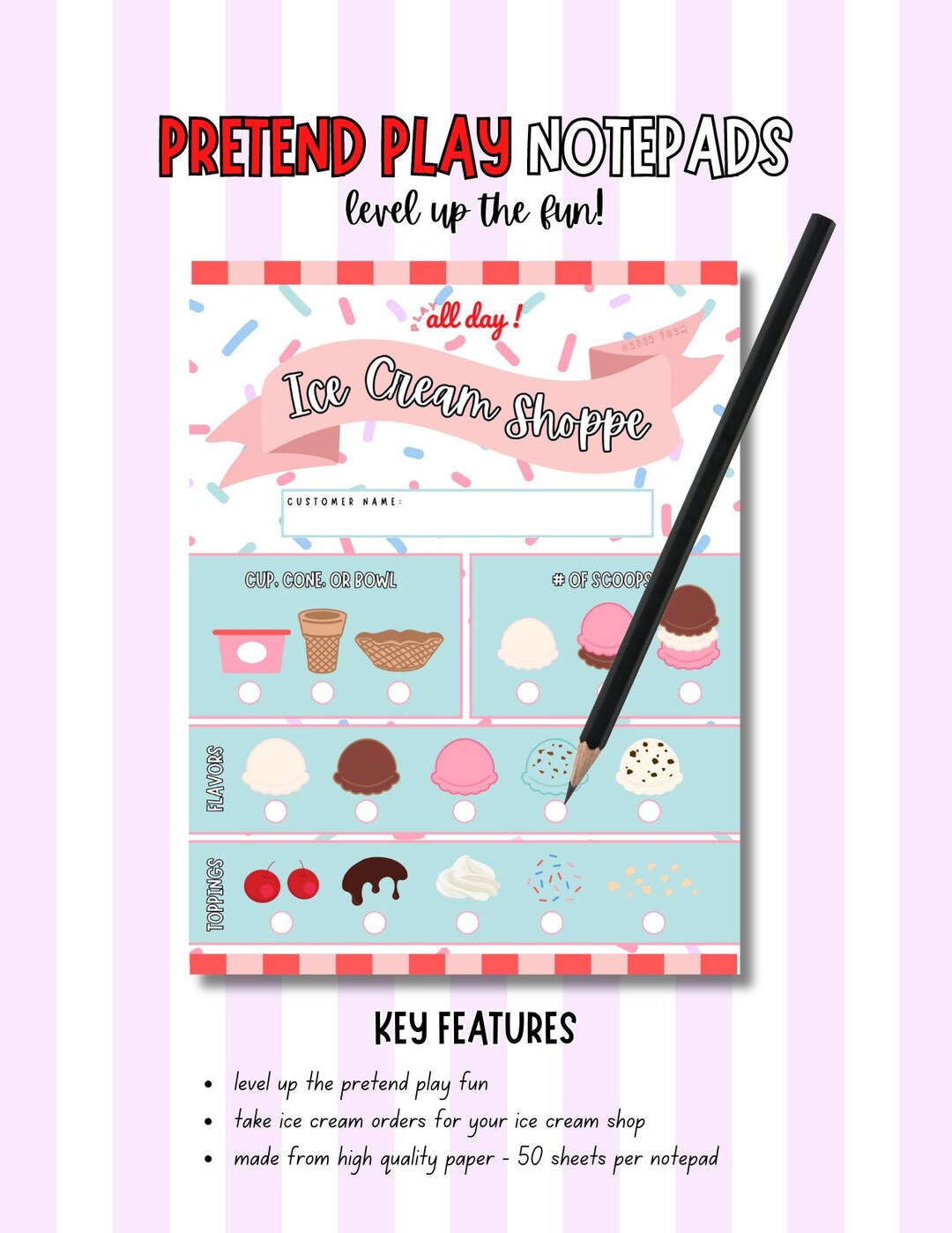 Ice Cream Shop Pretend Play Notepad - 50 Pages per Notepad - Etsy