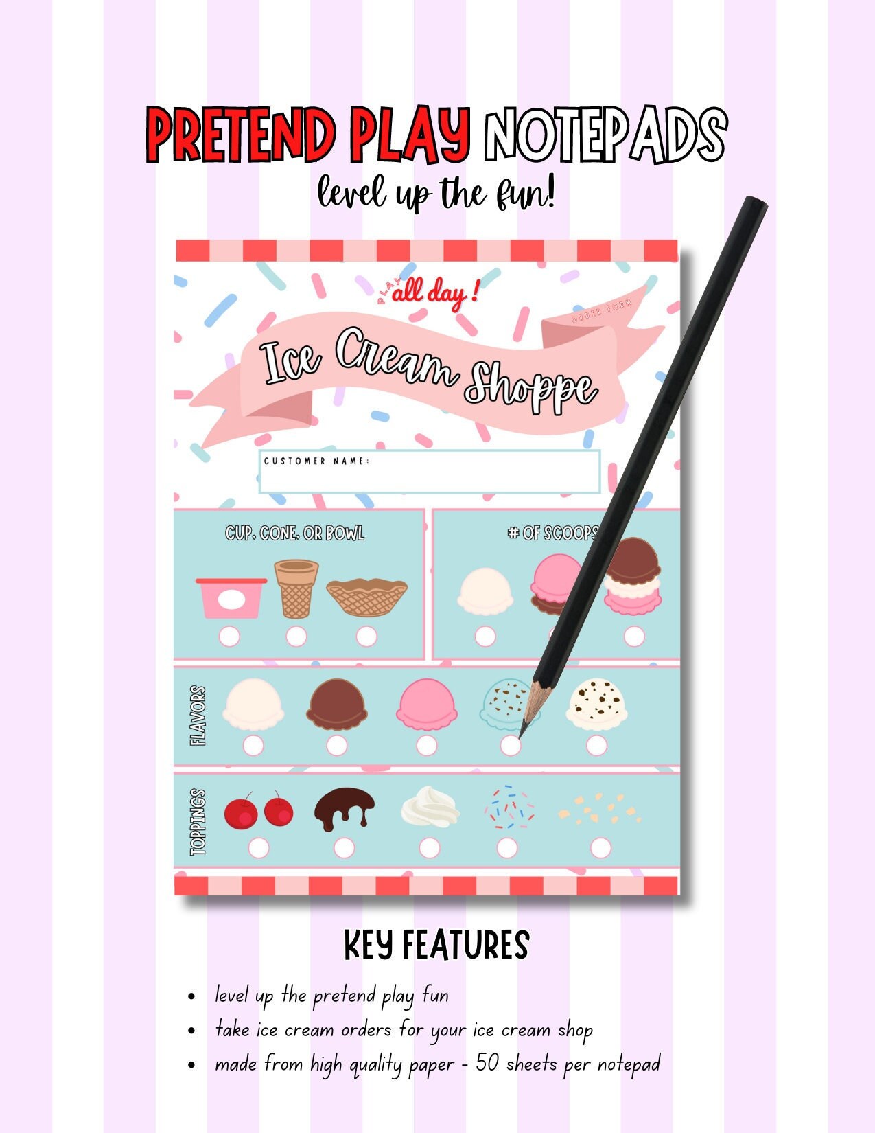 Ice Cream Shop Pretend Play Notepad - 50 Pages per Notepad - Etsy