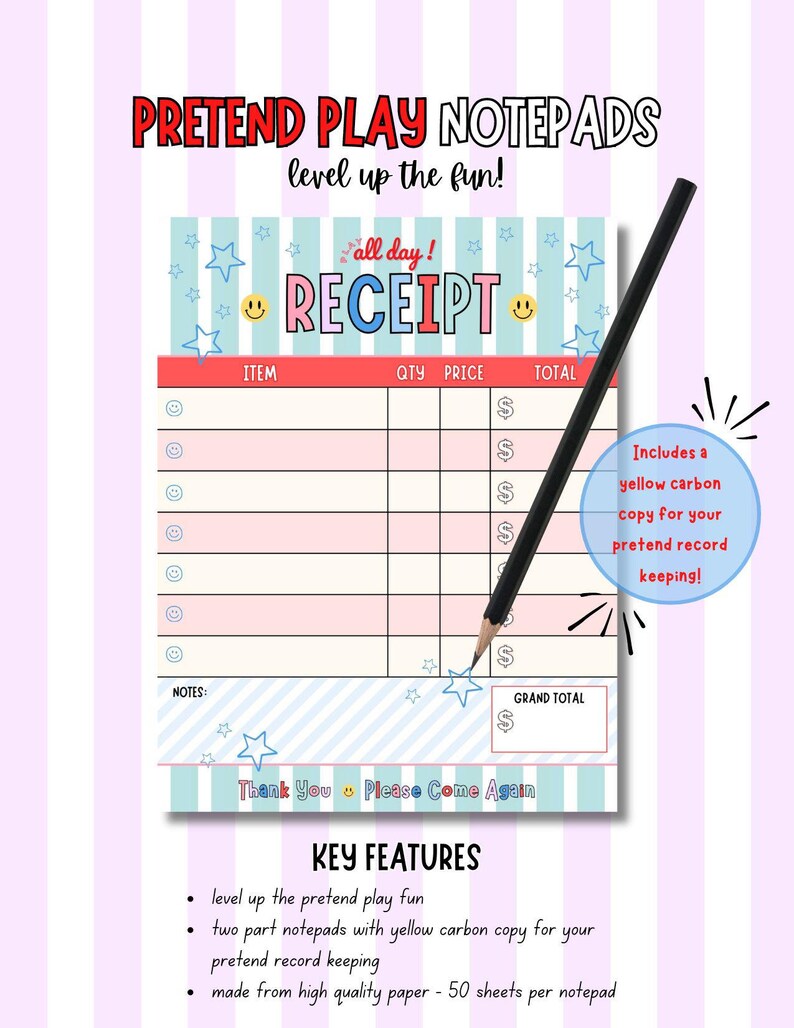 Receipt Two Part Pretend Play Notepad - 50 Pages per Notepad - Etsy