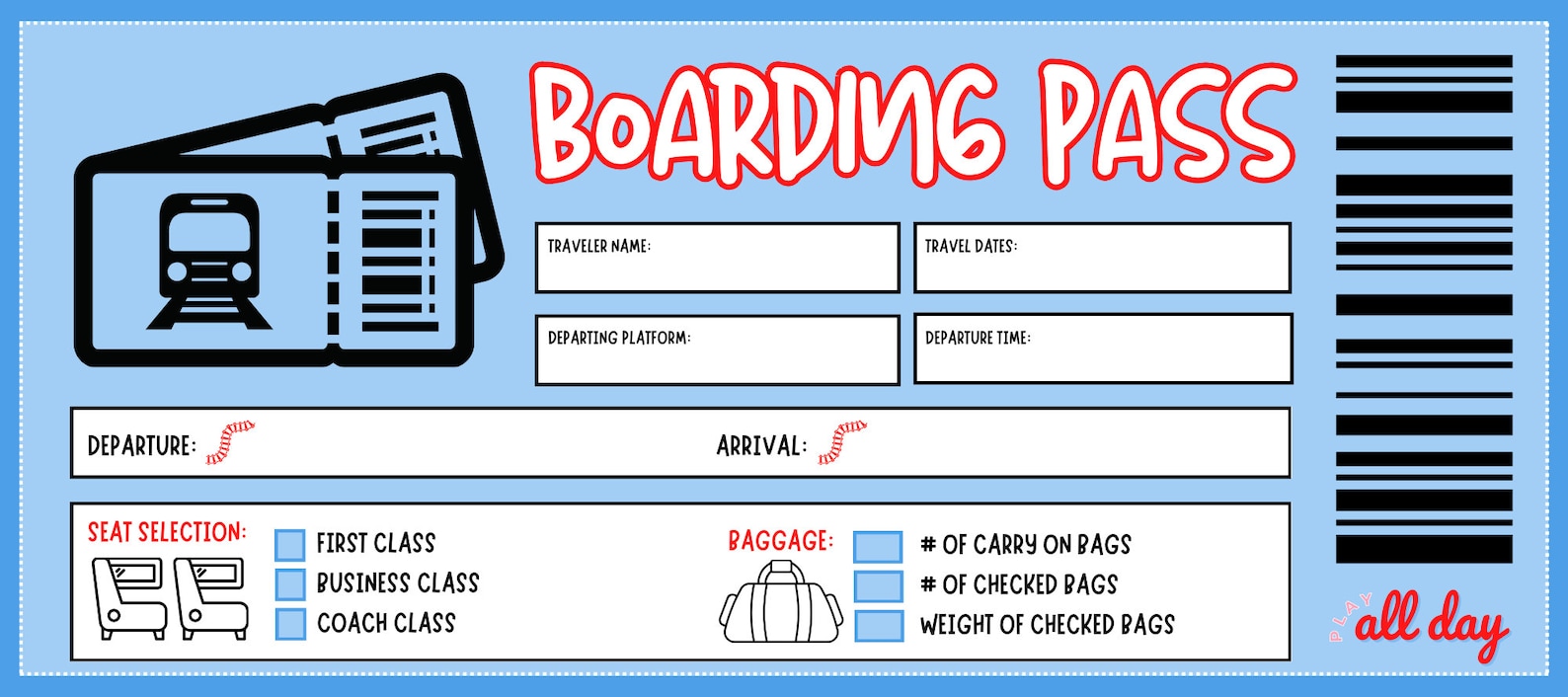 Plane or Train Boarding Pass Pretend Play Notepad - 50 Pages per ...