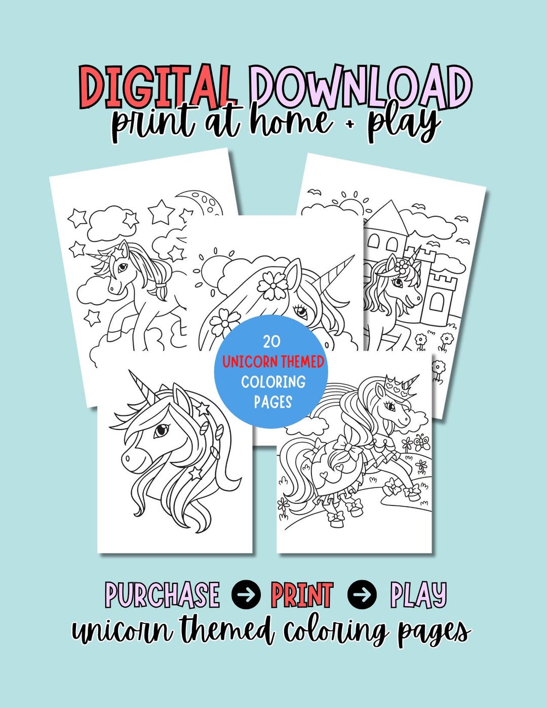 20 Unicorn Themed Print at Home Coloring Pages - Set of 20 - Etsy