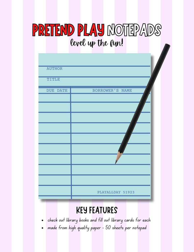 Library Card Pretend Play Notepad - 50 Pages per Notepad - Etsy
