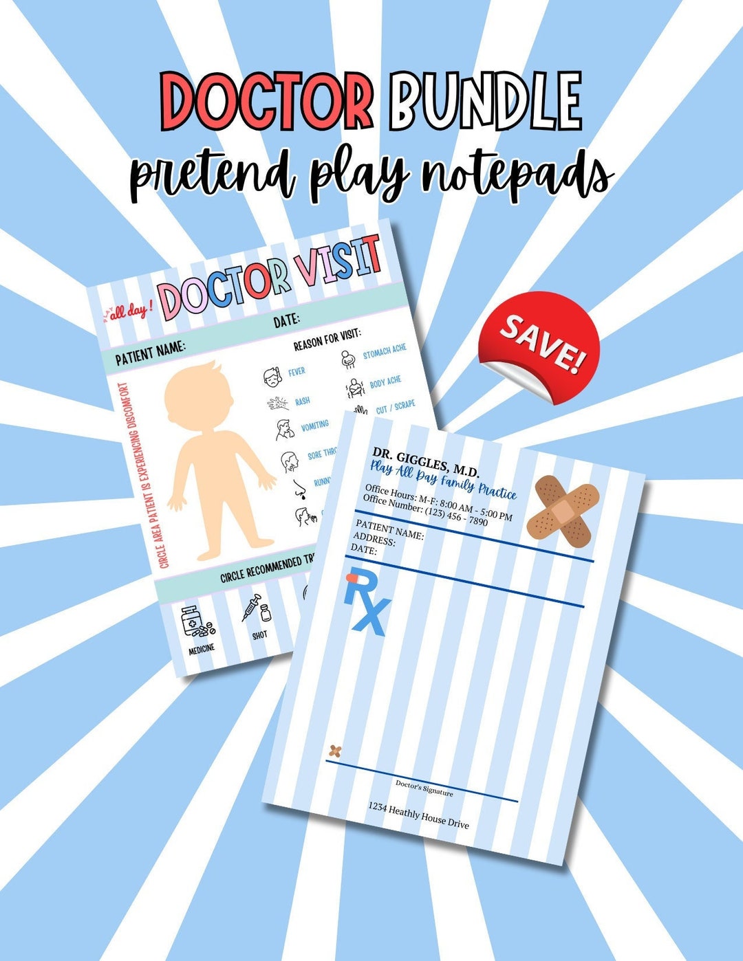 BUNDLE & SAVE - Doctor Visit + RX Prescription Pretend Play Notepad ...