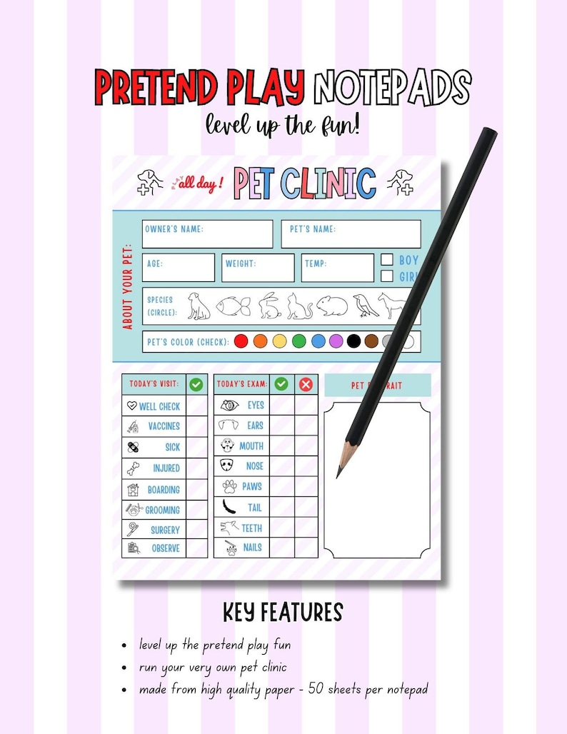 Pet Clinic / Veterinarian Pretend Play Notepad - 50 Pages per Notepad ...
