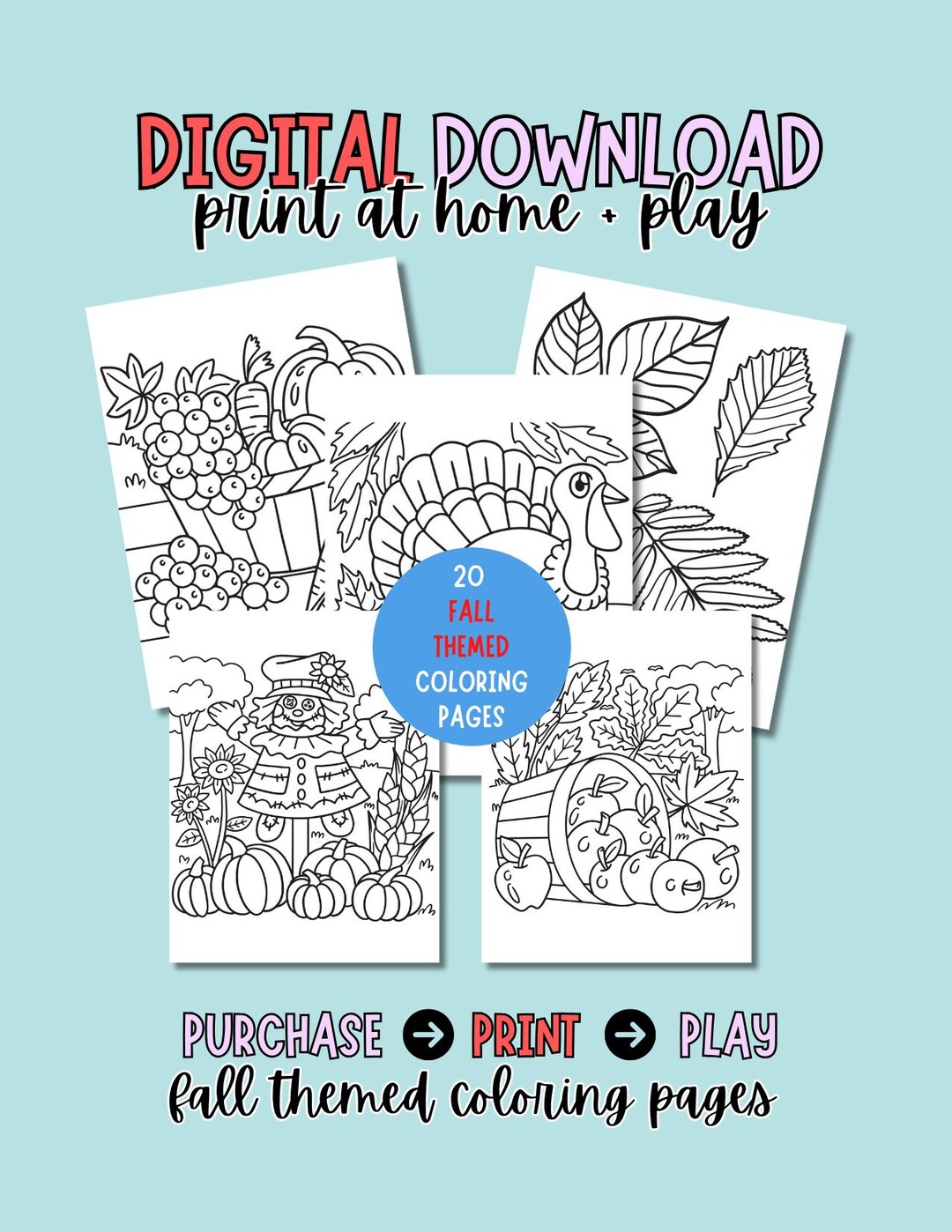 20 Fall Themed Print at Home Coloring Pages - Set of 20 - Etsy