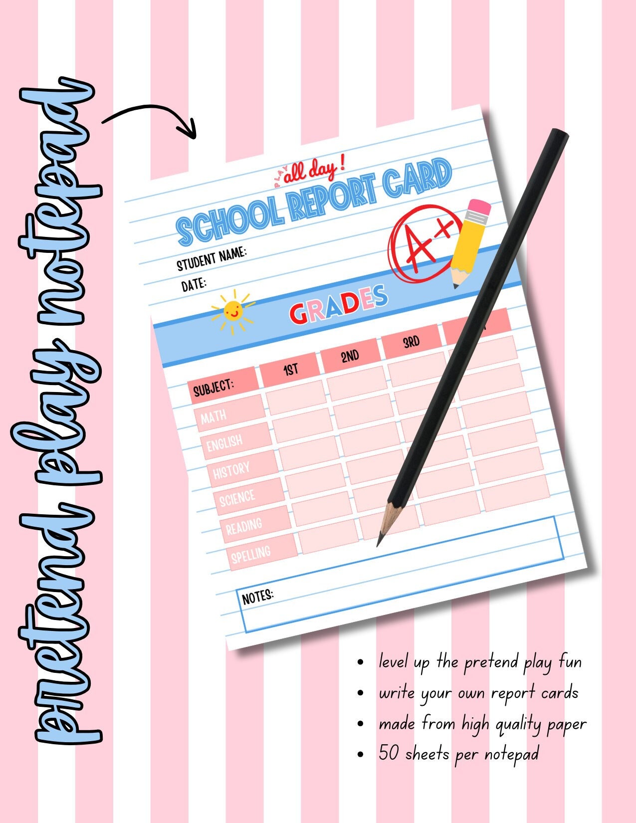 School Report Card Pretend Play Notepad 50 Pages per Notepad - Etsy