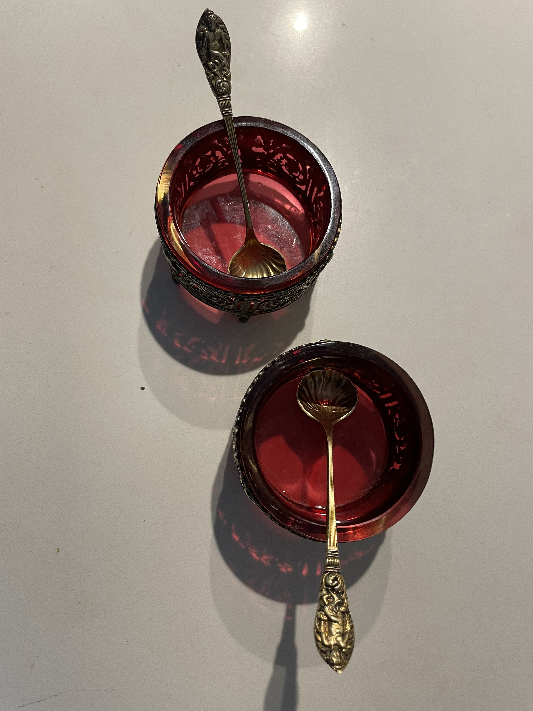 Gorham Sterling Salt Cellars, Ruby Glass Inserts, Original Spoons ...