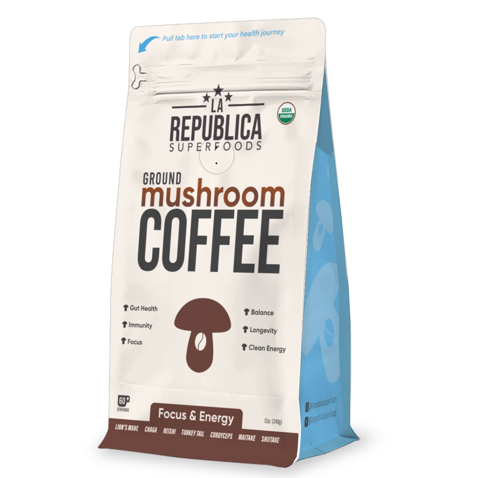 La Republica Ground Mushroom Coffee 12 Oz. Bag USDA Organic Fair-trade ...