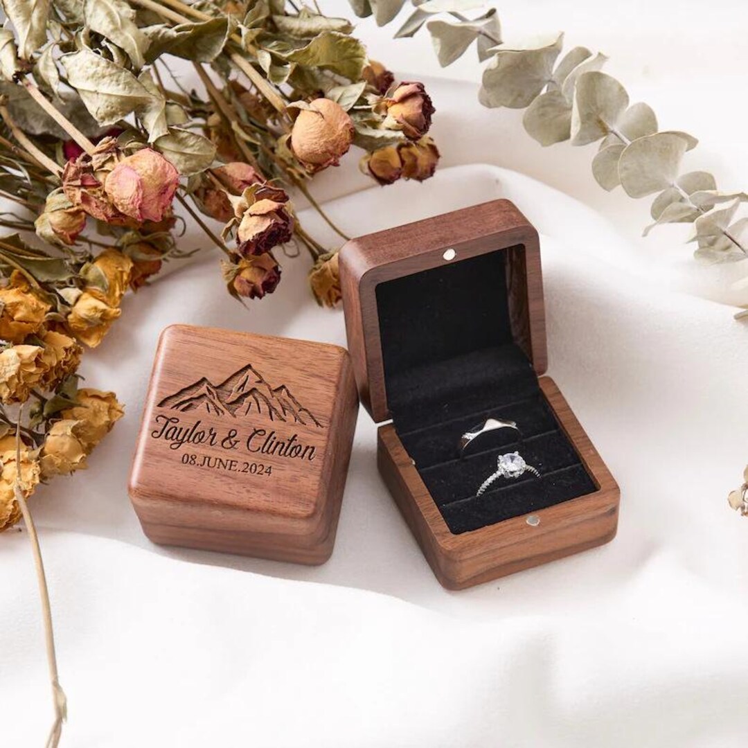 Personalized Walnut Wood Double Ring Box - Custom Engraved Wedding Ring ...