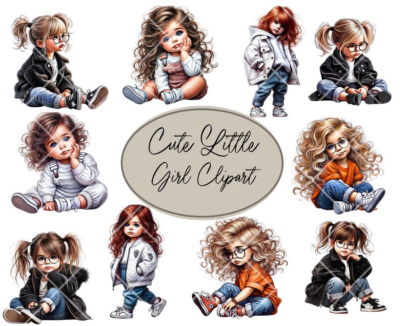 10 Cute Little Girl Clipart Bundle, Whimsical Illustration, Printable ...