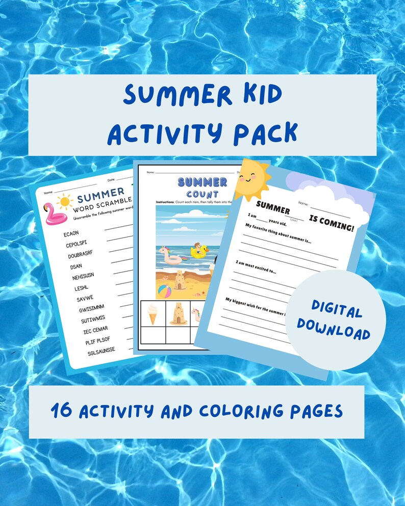 Summer Activity Pack, Summertime Coloring Pages, Summer Kids Digital ...