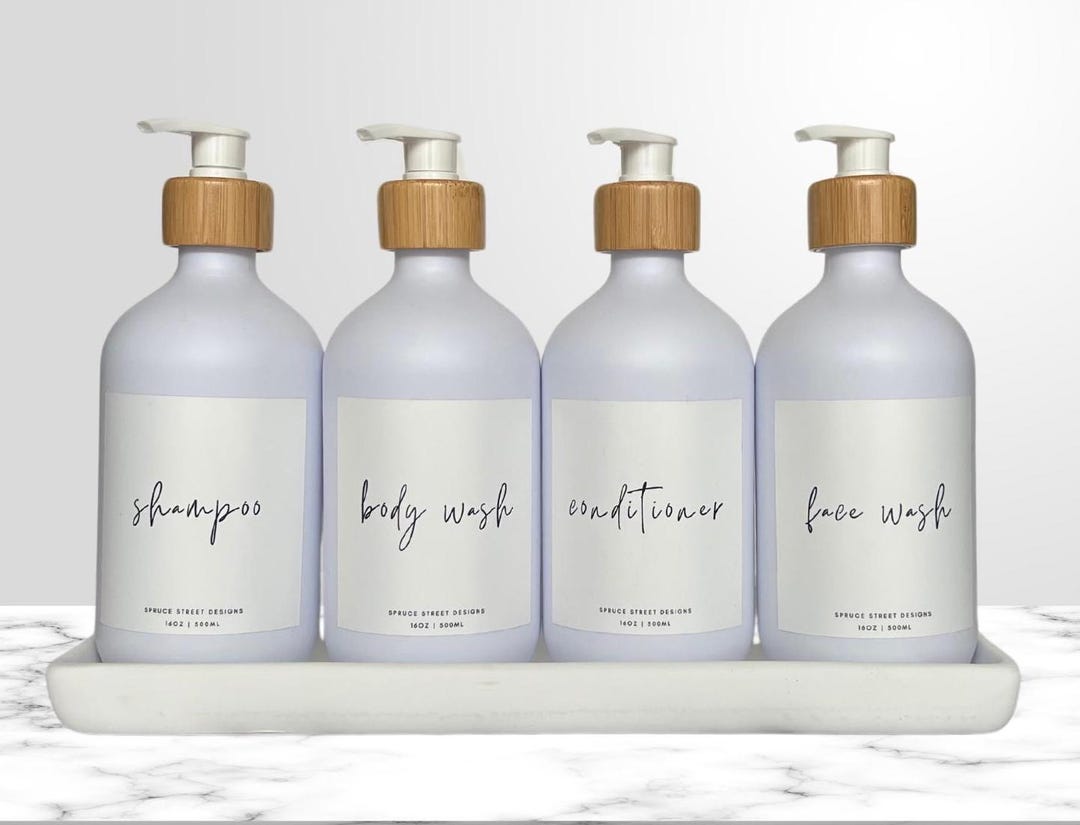 Refillable Shower Bottle Set: White Plastic With Bamboo Accent - Etsy