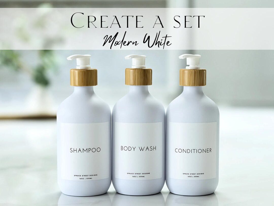 Refillable Shower Bottle Set | Matte Black or White, Bamboo Pump - Etsy