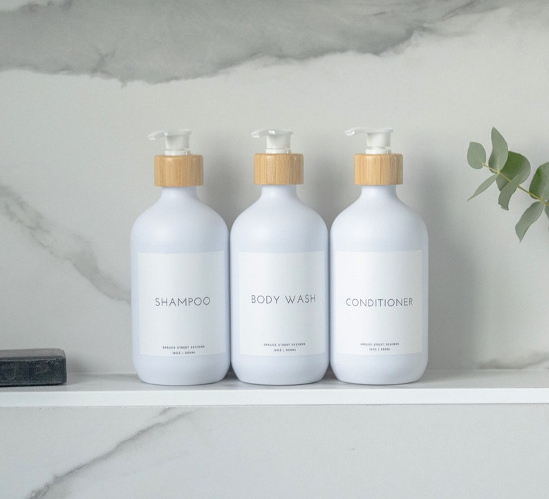 Modern White Refillable Shower Bottle Set: Bamboo Accent - Etsy