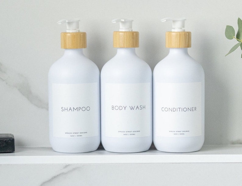 Refillable Shampoo Conditioner Bottles: White With Bamboo Accent - Etsy