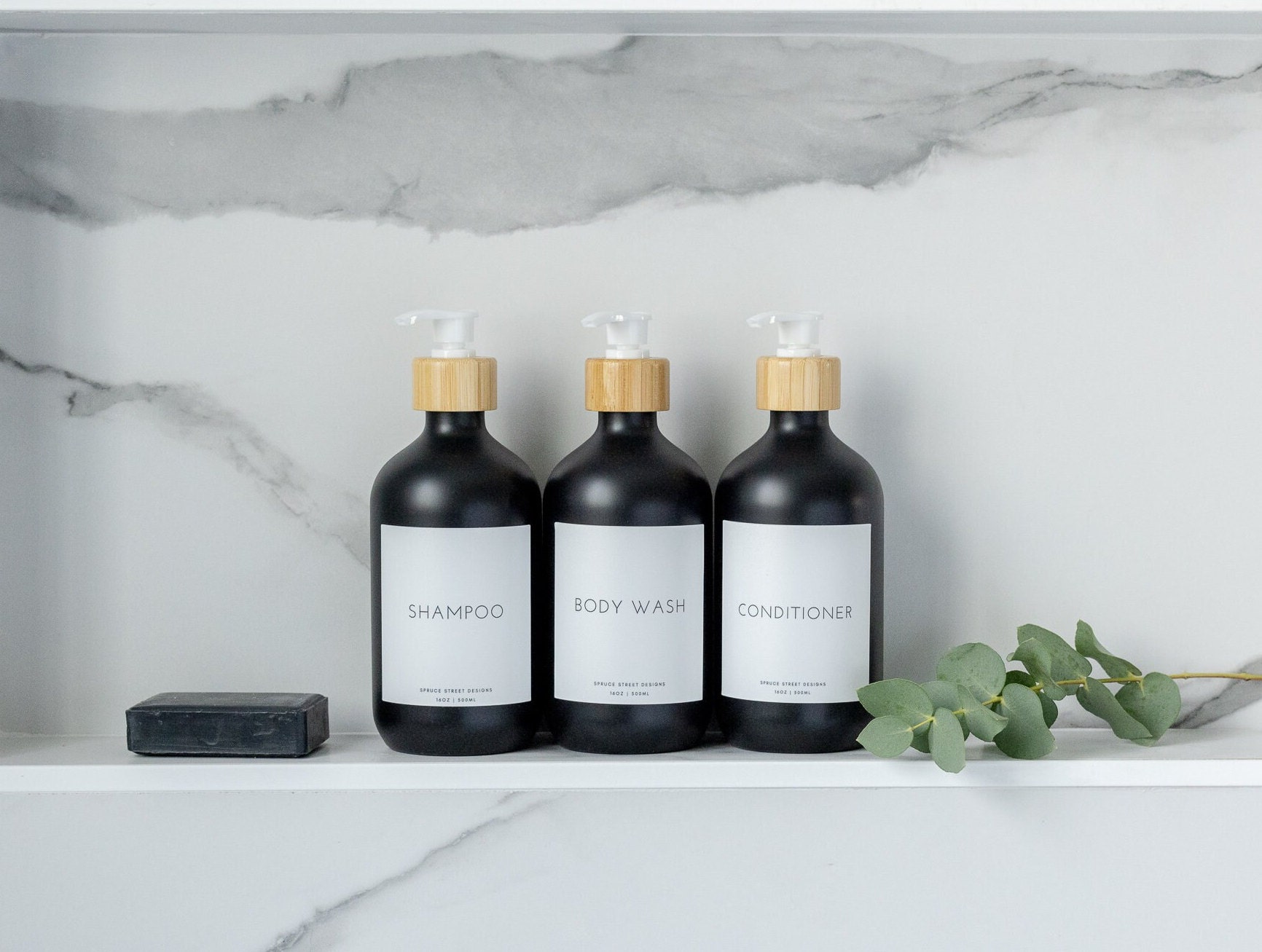 Refillable Shower Bottles: Modern Black Shampoo, Conditioner, Body Wash ...