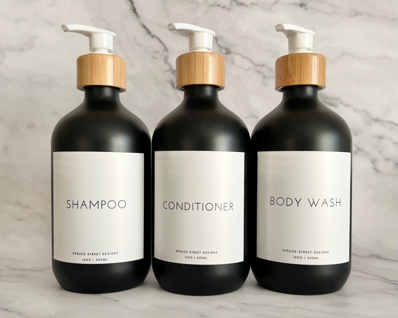 Refillable Shower Bottles: Modern Black Shampoo, Conditioner, Body Wash ...