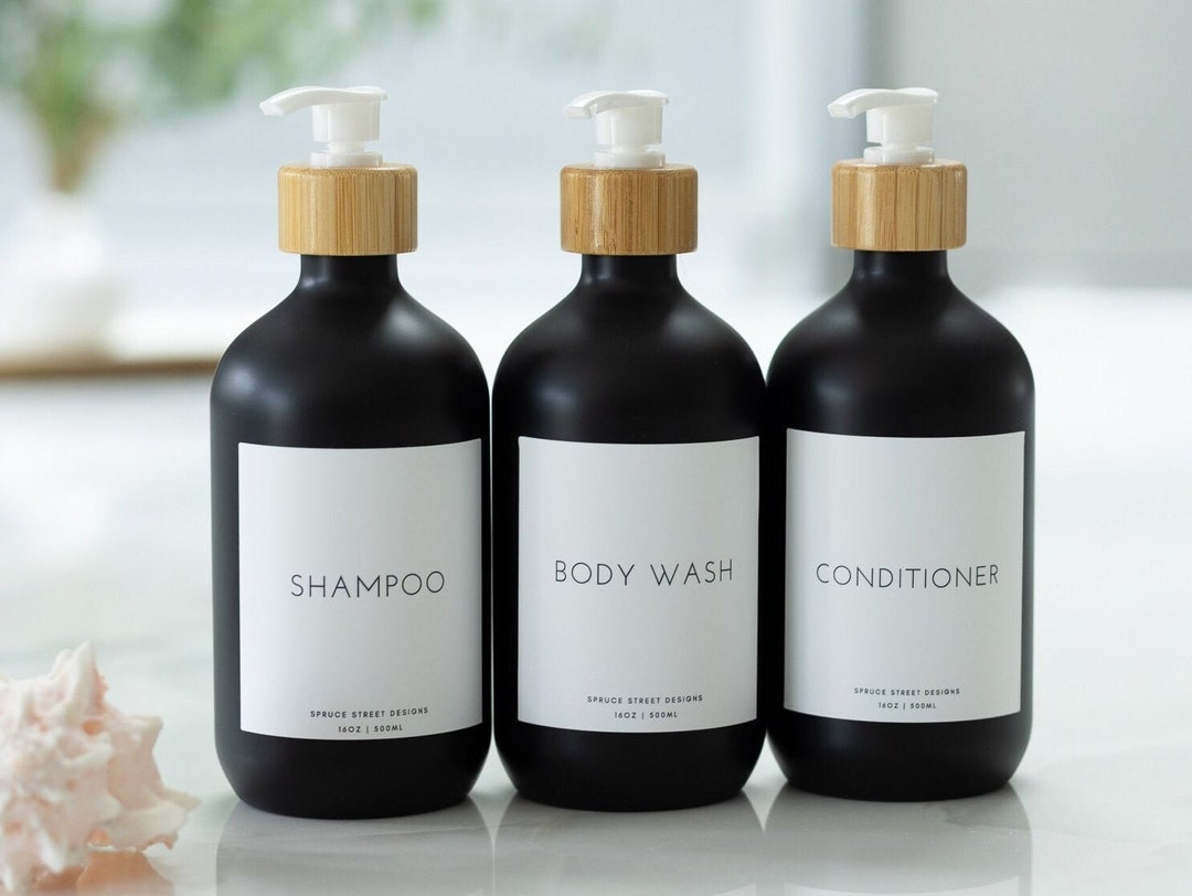 Refillable Shower Bottles: Modern Black Shampoo, Conditioner, Body Wash ...