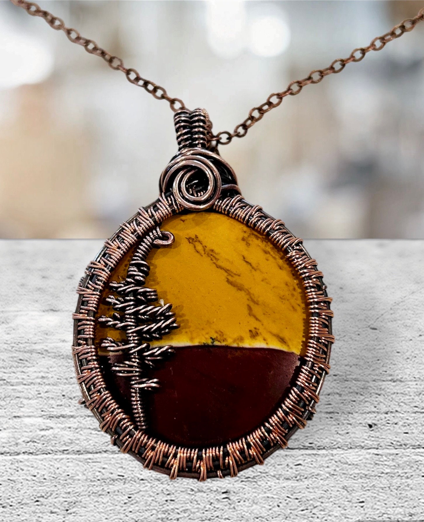 Copper Wrapped Yellow and Burgundy Landscape Mookaite Pendant With Tree ...