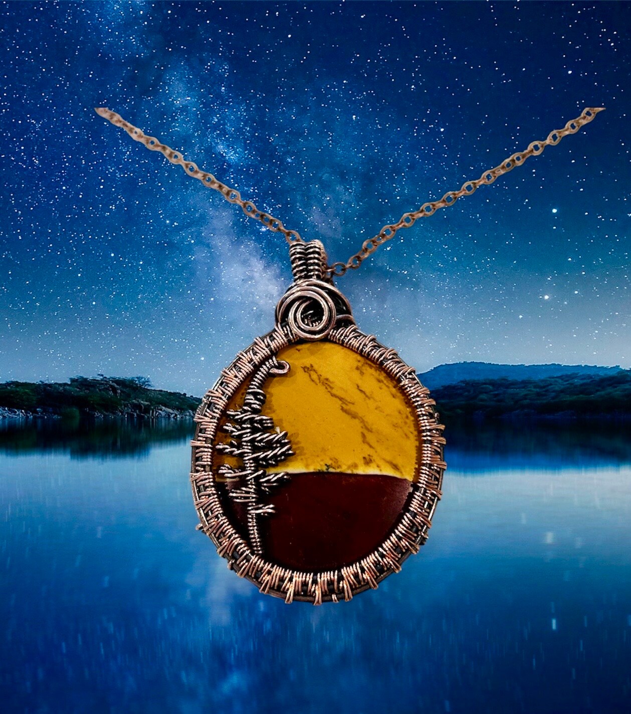 Copper Wrapped Yellow and Burgundy Landscape Mookaite Pendant With Tree ...