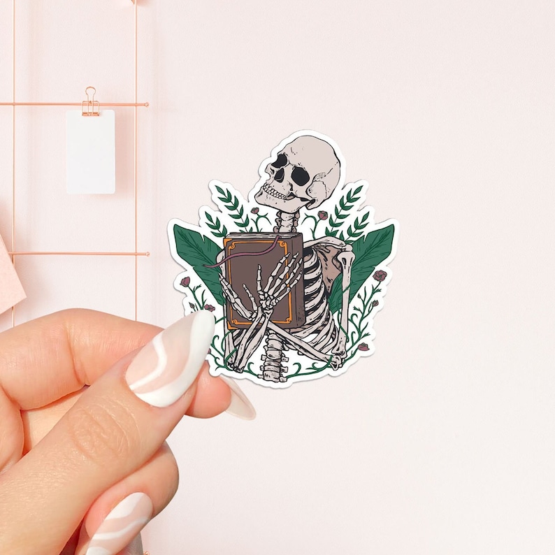 Skeleton Holding a Book Sticker Bookish Sticker book Lover - Etsy