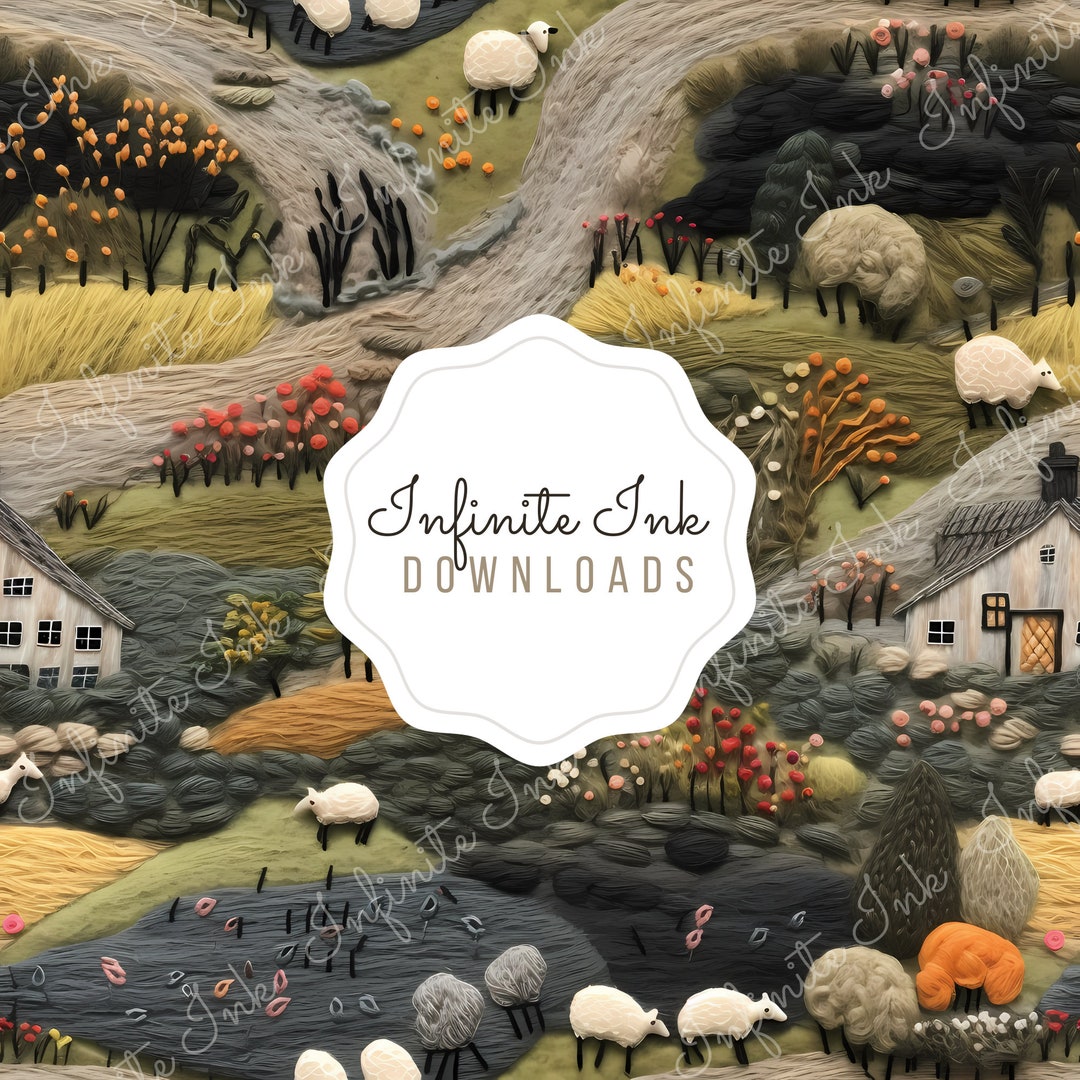 3D Embroidered Felt Country Hillside Seamless Pattern - Country Cottage ...
