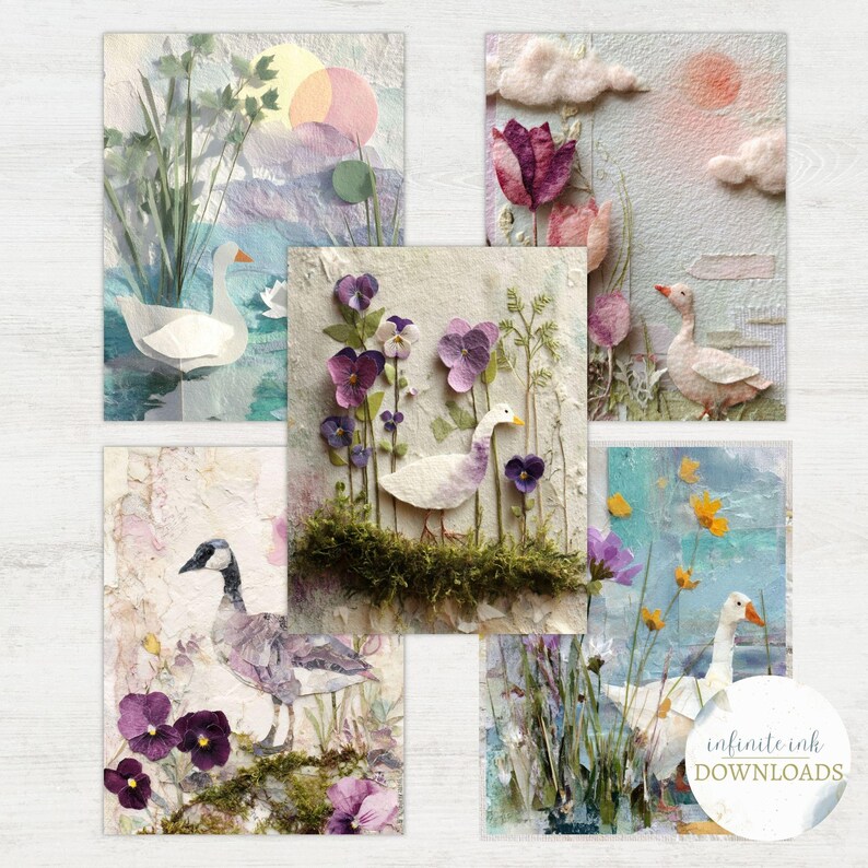 Floral Goose Papercraft, Spring Collage, Junk Journal Pages (digital ...