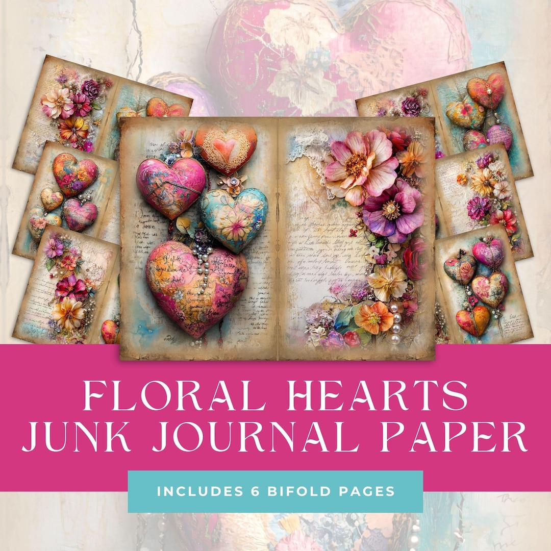 Floral Hearts Bifold Junk Journal Pages, Colorful Valentines Day Pretty ...