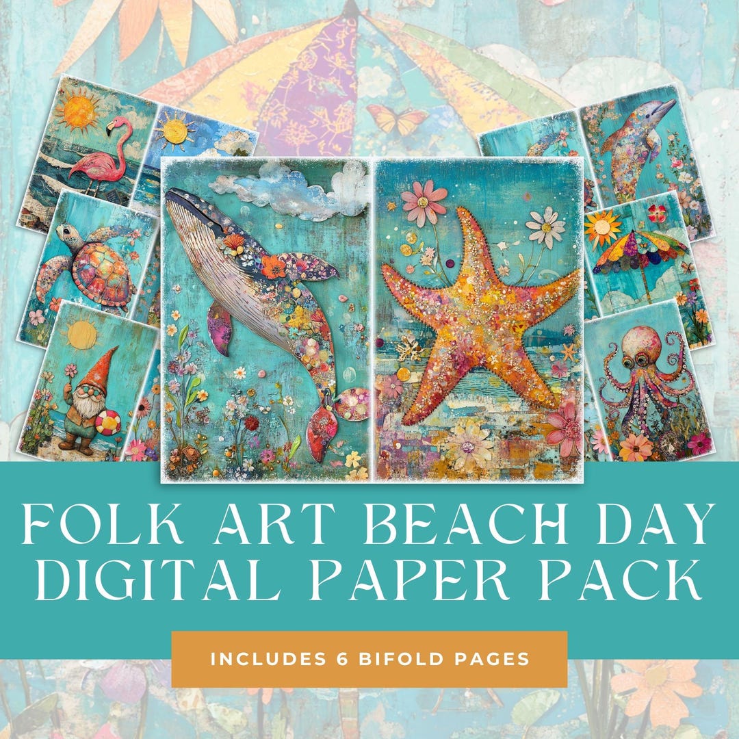 Folk Art Beach Digital Paper Pack, Colorful Whimsical Floral Ocean Junk ...