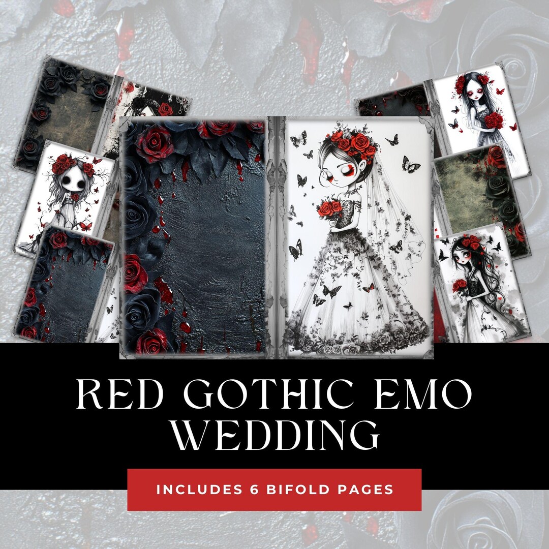 Red Gothic Emo Wedding Junk Journal Paper, Elegant Line Drawn Brides ...
