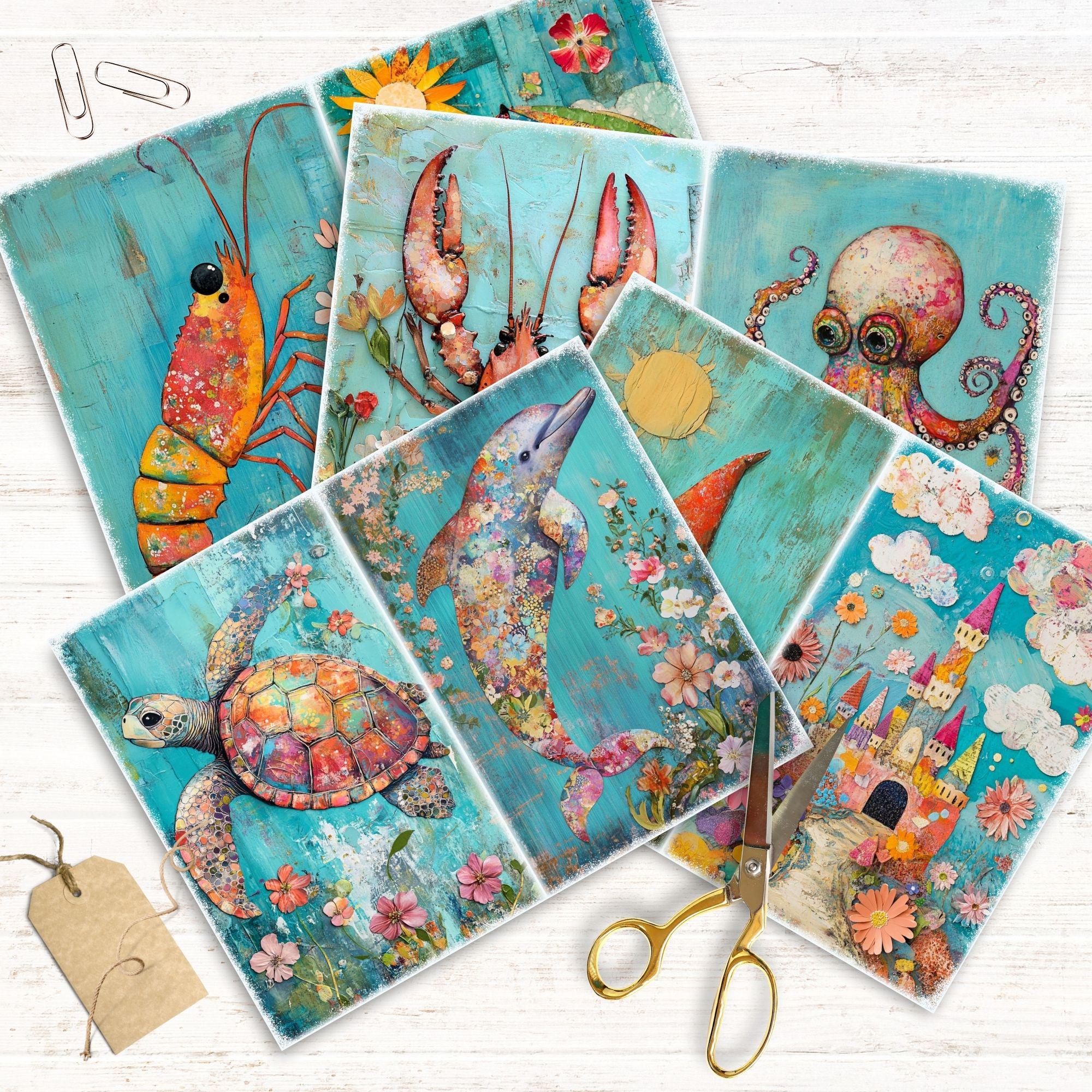 Folk Art Beach Digital Paper Pack, Colorful Whimsical Floral Ocean Junk ...