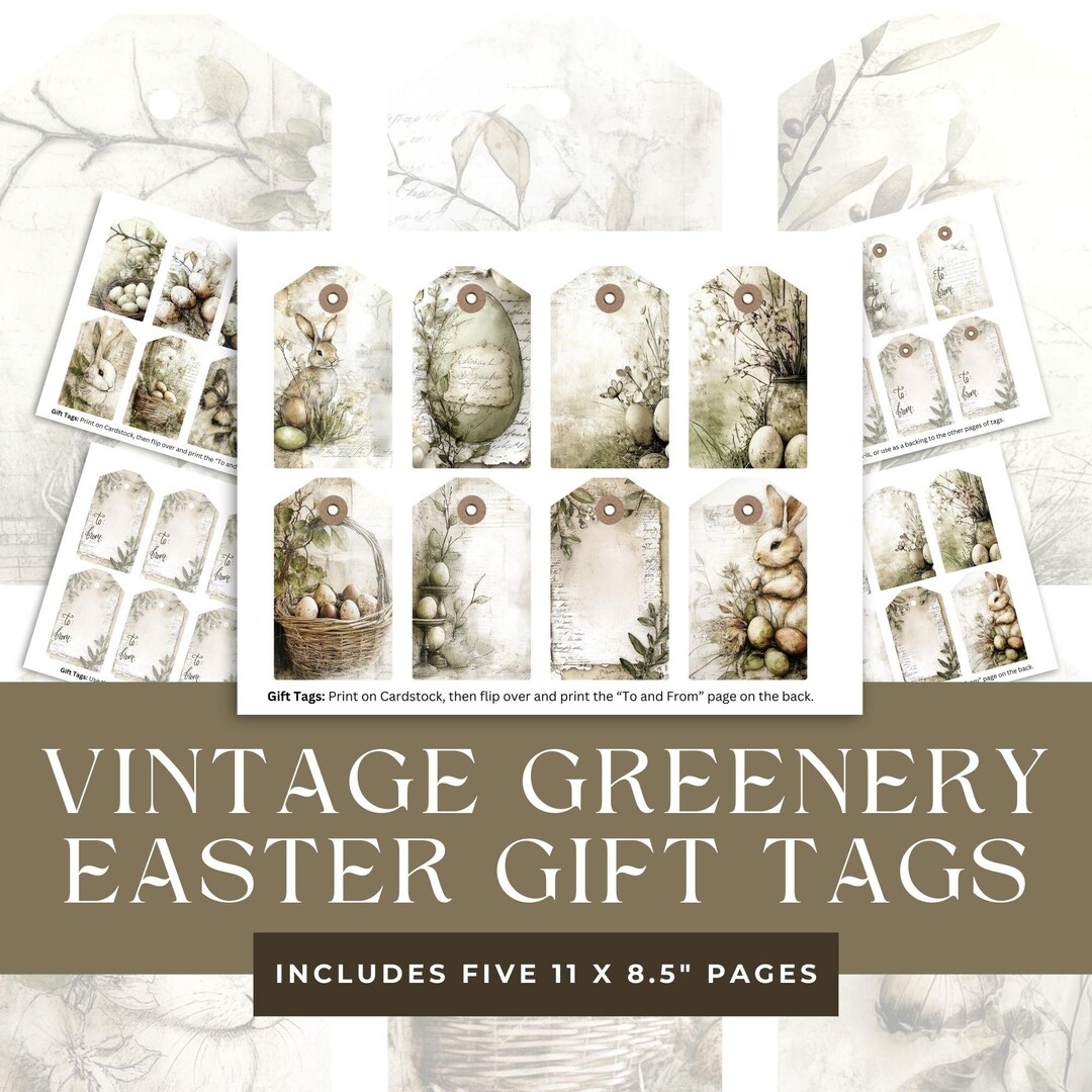 Easter Gift Tags Printables, Botanical Vintage Green Easter Bunny Eggs ...