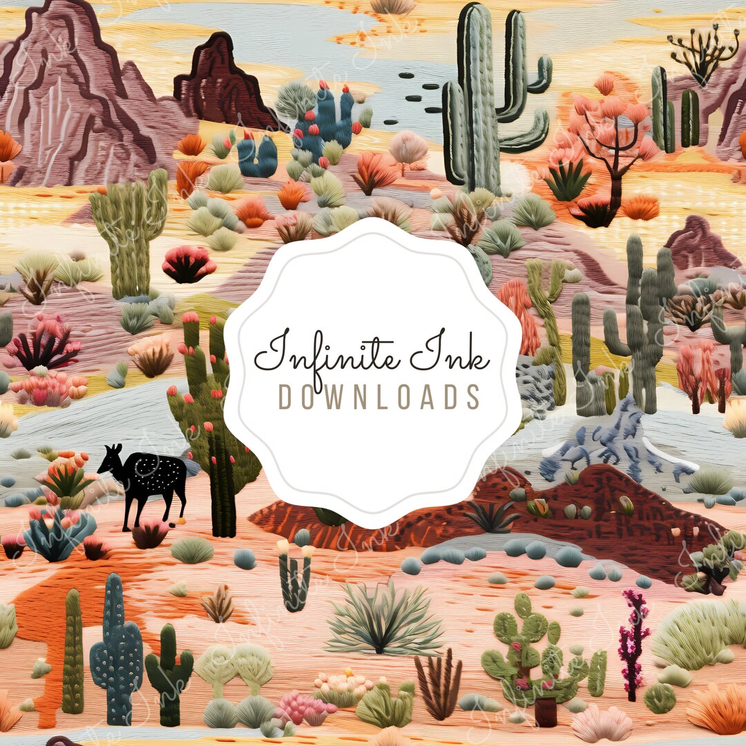 3D Embroidered Effect Western Theme Seamless Pattern - Nature Scenic ...