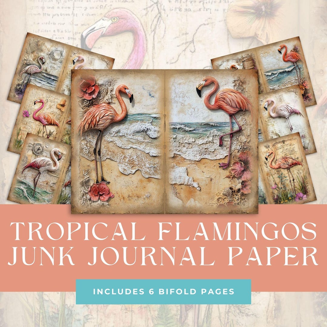Tropical Flamingo Bifold Junk Journal Pages, Summer Beach Waves ...