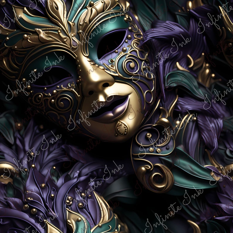 3D Clay Effect Mardi Gras Masks Seamless Pattern - Purple Green and ...