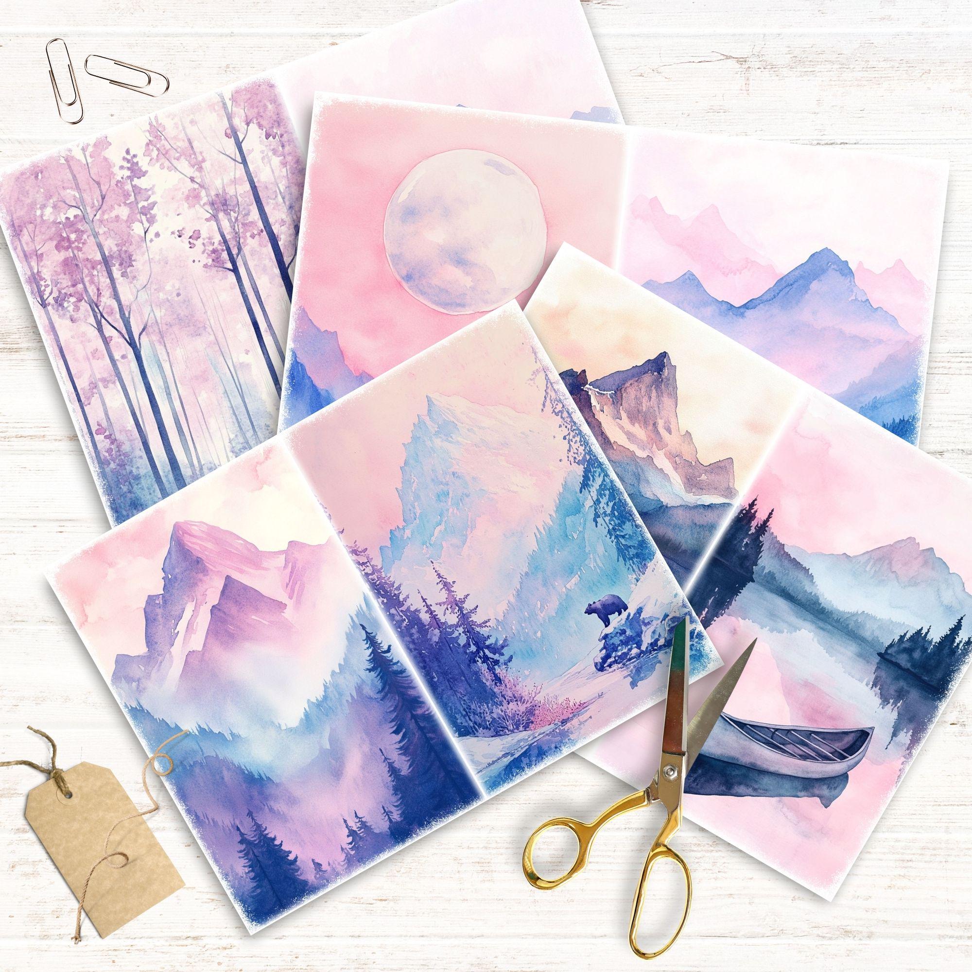 Watercolor Mountain Scenes Paper Pack, Nature Bifold Junk Journal Pages ...