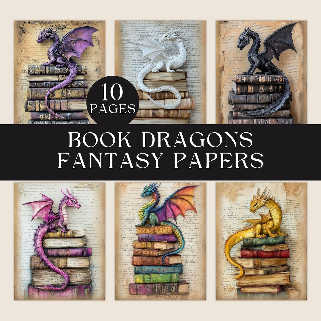 Fantasy Book Dragons Digital Papers, Vintage Book Lover Printable Pages ...