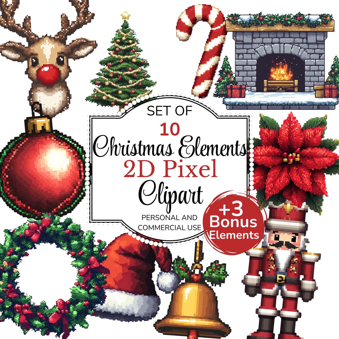 8 Bit 2D Pixel Christmas Elements Clipart Bundle, Seasonal Xmas ...