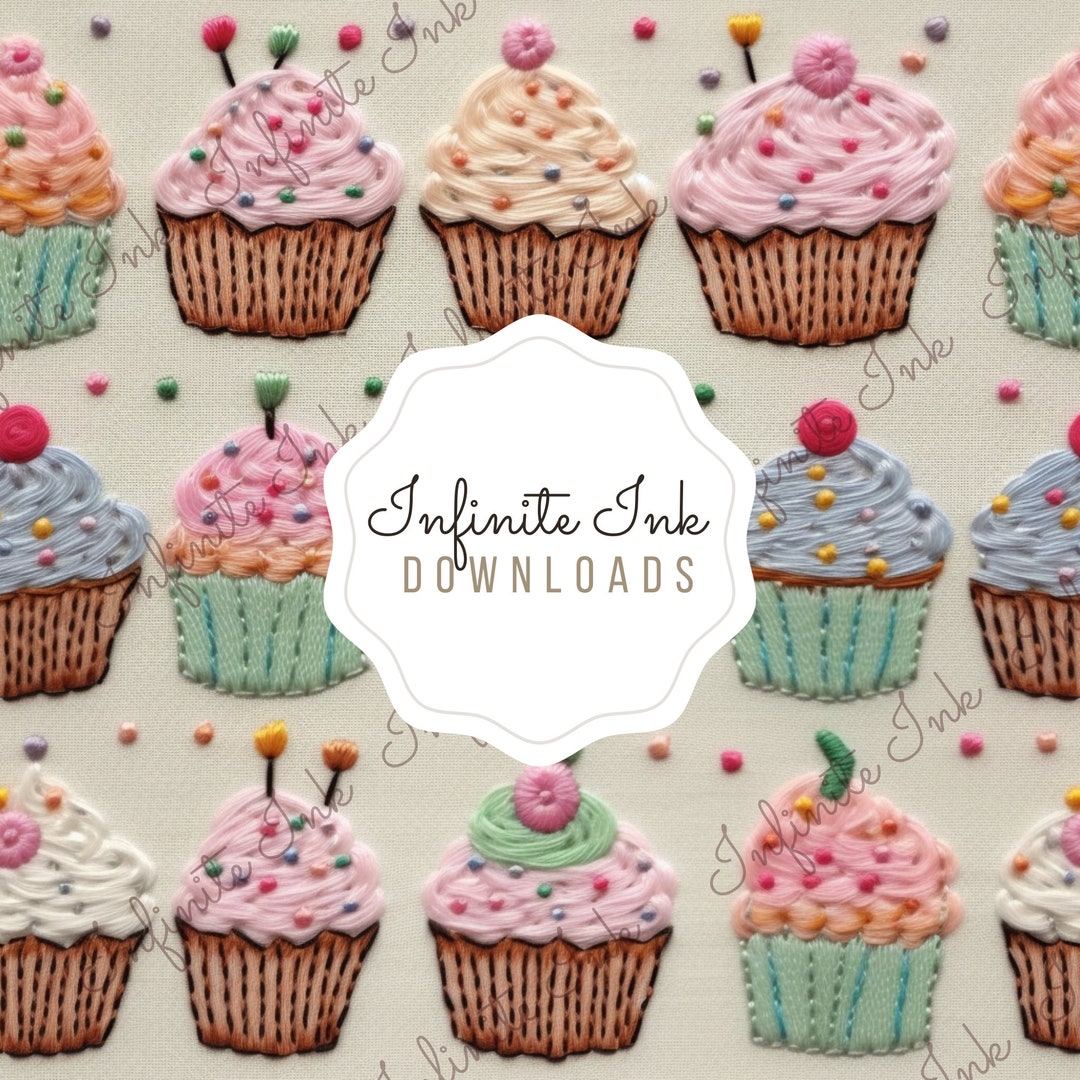3D Embroidered Sweet Cupcakes Seamless Pattern Hand-stitched Effect ...