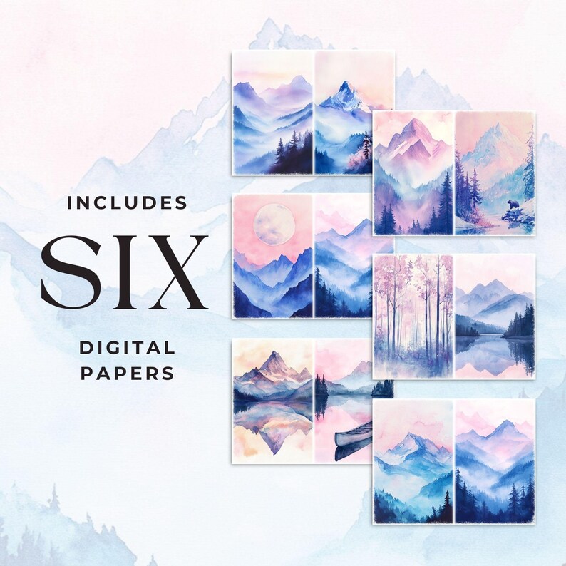 Watercolor Mountain Scenes Paper Pack, Nature Bifold Junk Journal Pages ...