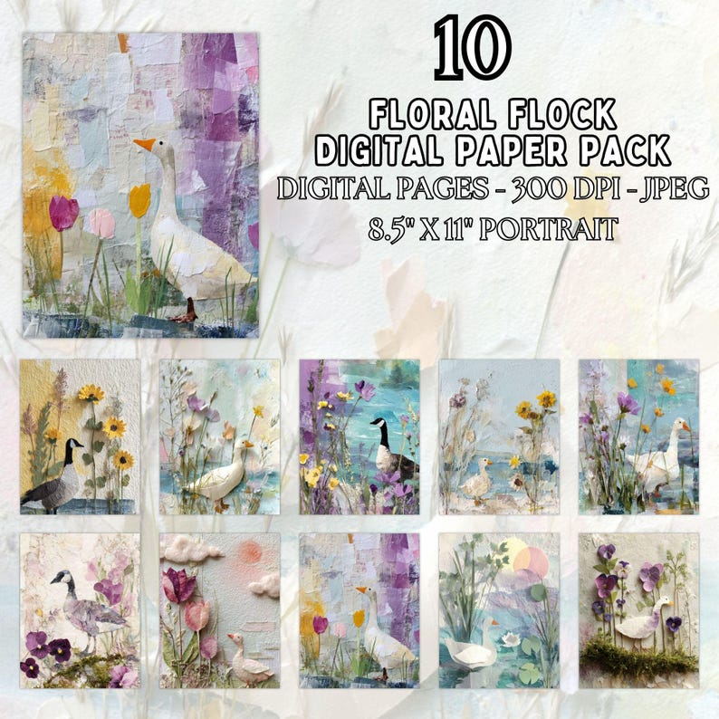 Floral Goose Papercraft, Spring Collage, Junk Journal Pages (digital ...