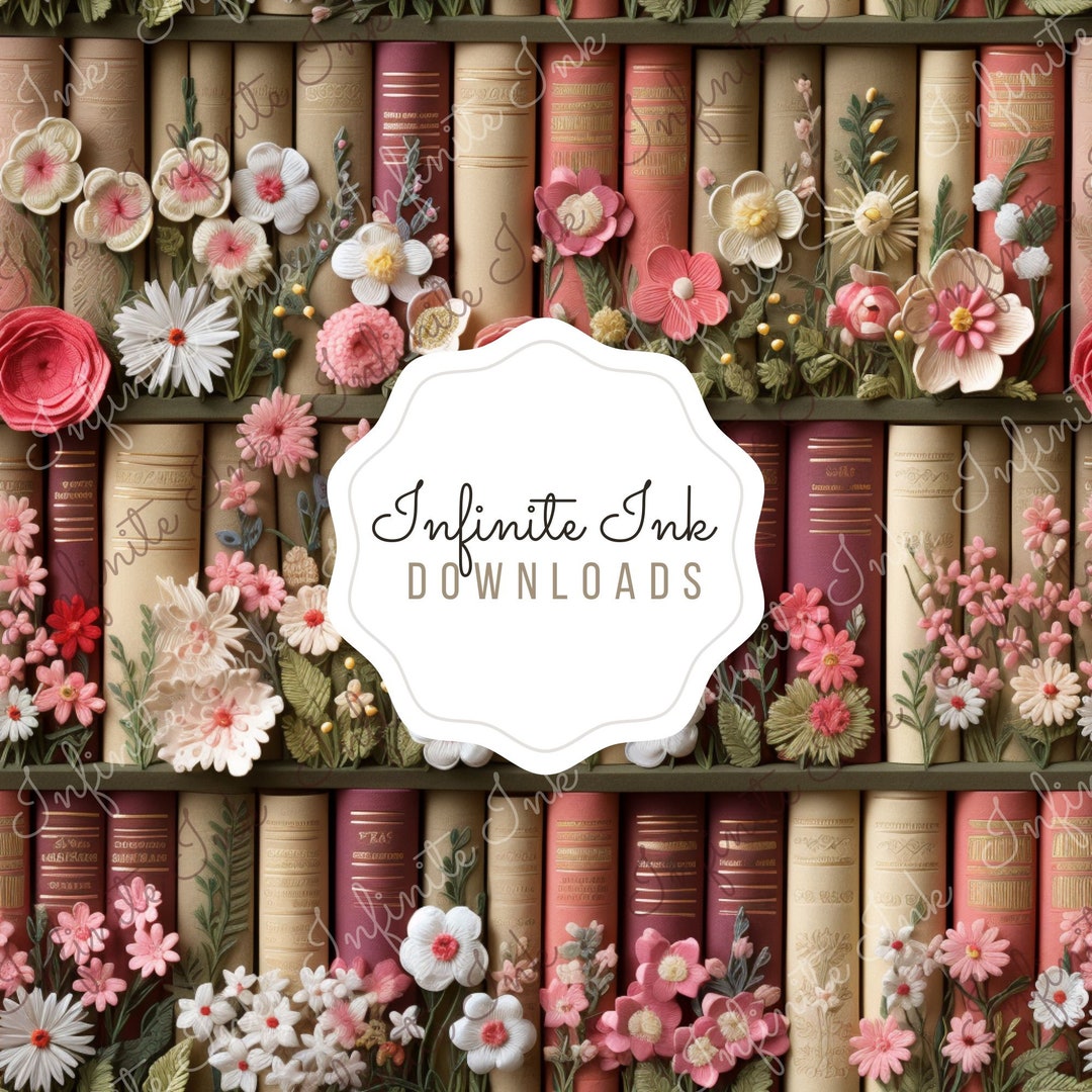 Bookish Floral Seamless Pattern - Books and Flowers on a Shelf ...