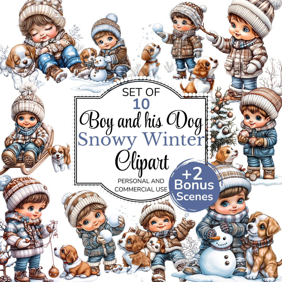 Christmas Boy Clipart Bundle, Cute Baby Boy and His Dog, Winter Snowy ...
