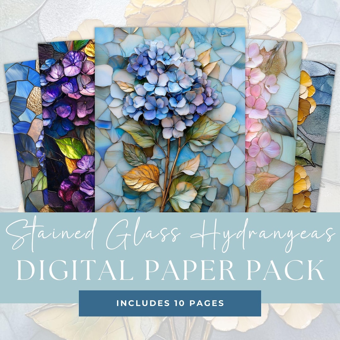 Hydrangea Printable Pages, Stained Glass Floral Filler Digital Paper ...