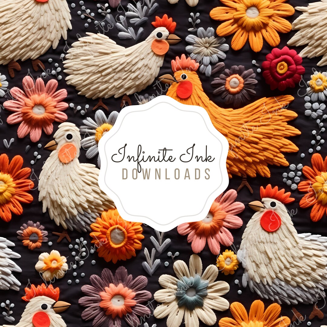 3D Embroidery Chicken Floral Seamless Pattern - Chickens in Spring ...