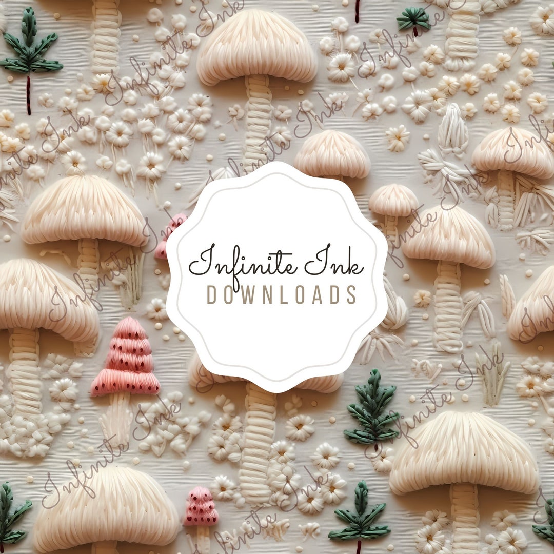 Neutral Boho Mushroom Seamless Pattern, Faux Embroidery Cozy Beige ...